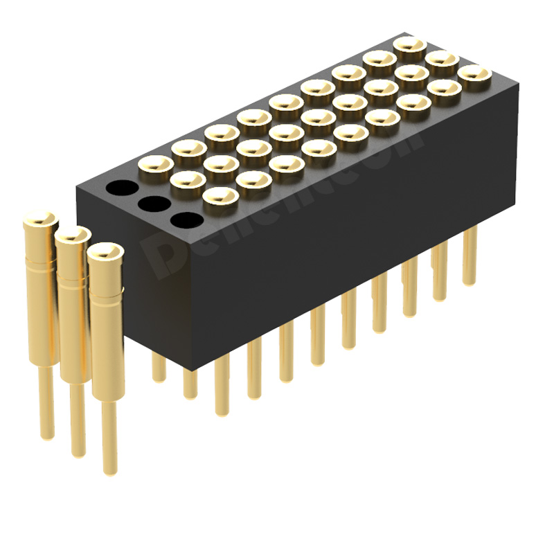 Denentech德能电子1.27MM弹簧针塑高H4.0三排母座180度直插高质量凹面接触移动电源pogopin弹簧针 - 东莞市德能智恩电子科技有限公司